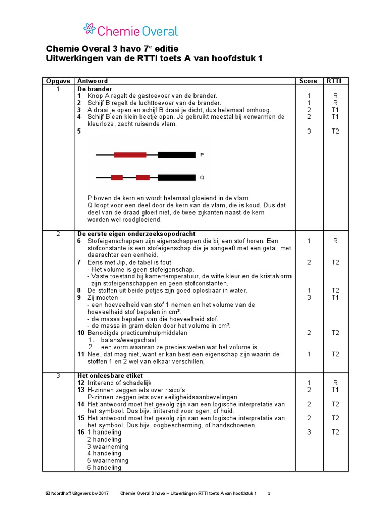 Chemie Overal 3 Havo RTTI-Toets A H01 Uitwerkingen | PDF