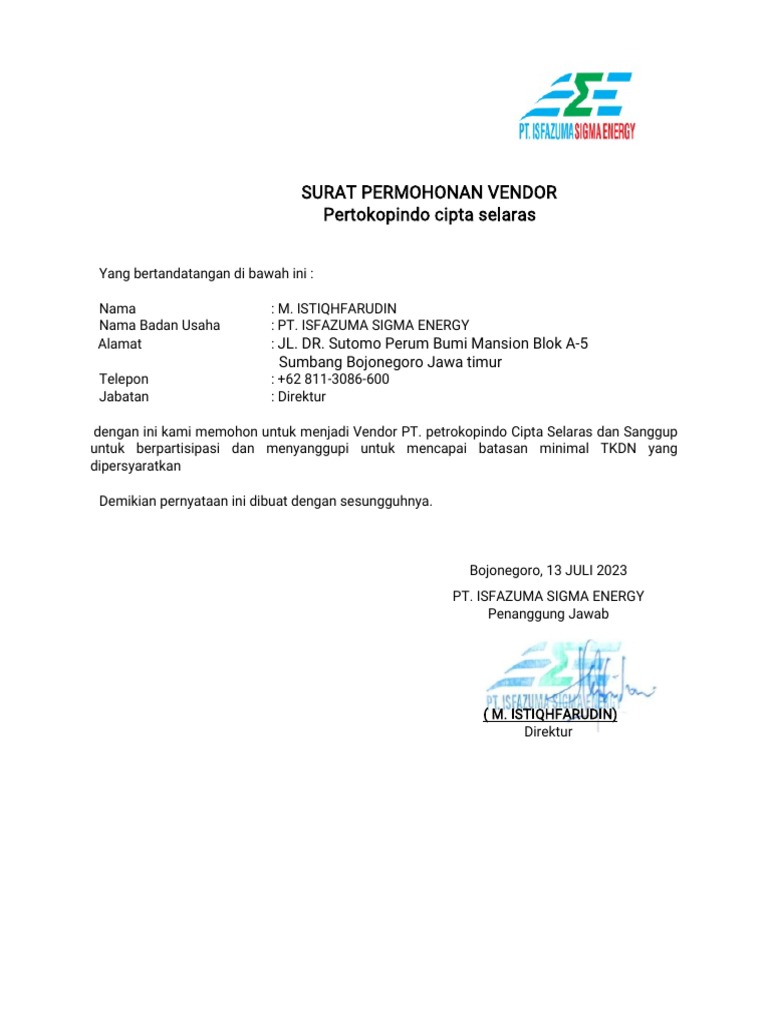 Surat Permohonan Vendor | PDF