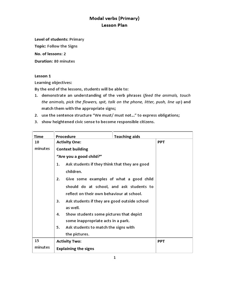 Modal Verbs Primary Lesson Plan L1 L2 | PDF