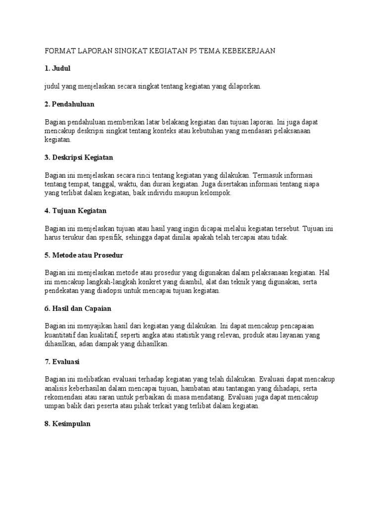 Format Laporan Singkat Kegiatan p5 Tema Kebekerjaan | PDF