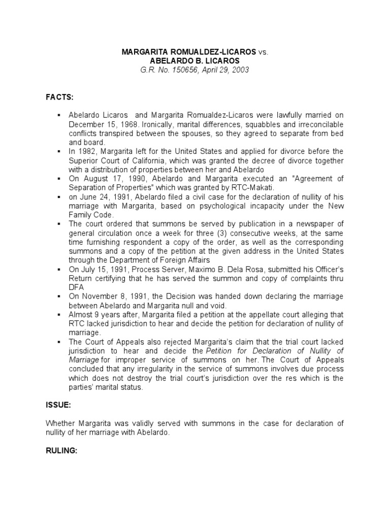 111 - Licaros v. Licaros G.R. No. 150656 | PDF | Service Of Process | Annulment