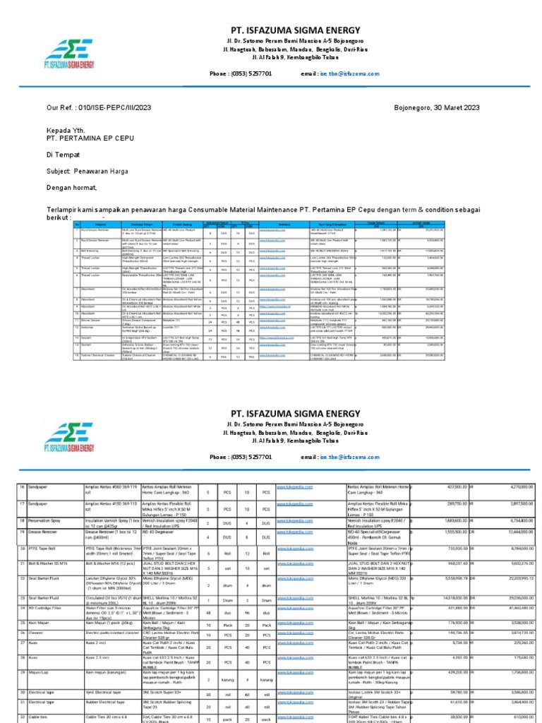 Penawaran Consumable Maintenance E to PEPC_JTB (1) | PDF