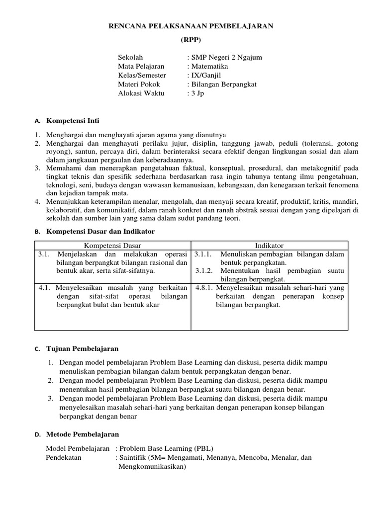 RPP Bilangan Berpangkat | PDF