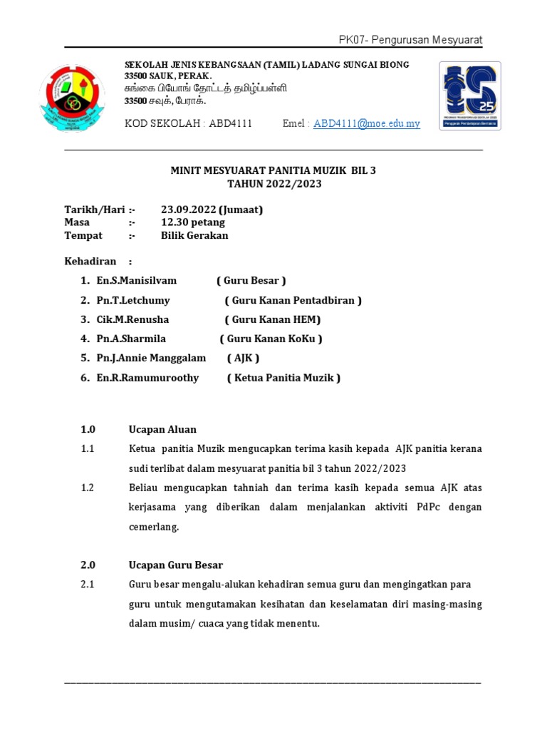 Minit Mesyuarat Panitia Muzik Bil 3 2022 | PDF
