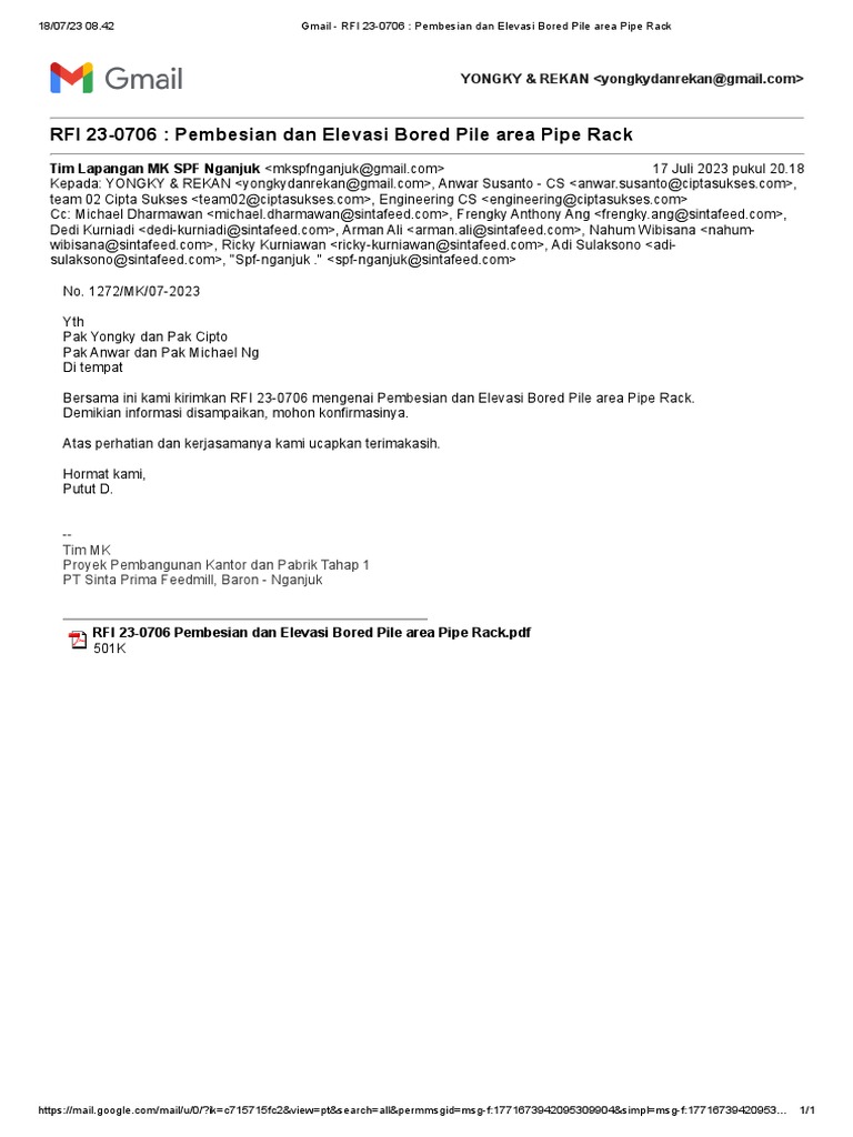 SURAT EMAIL - RFI 23-0706 - Pembesian Dan Elevasi Bored Pile Area Pipe ...