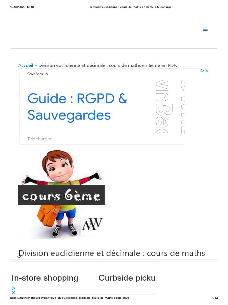 Division Euclidienne - Cours de Maths en 6ème À Télécharger | PDF