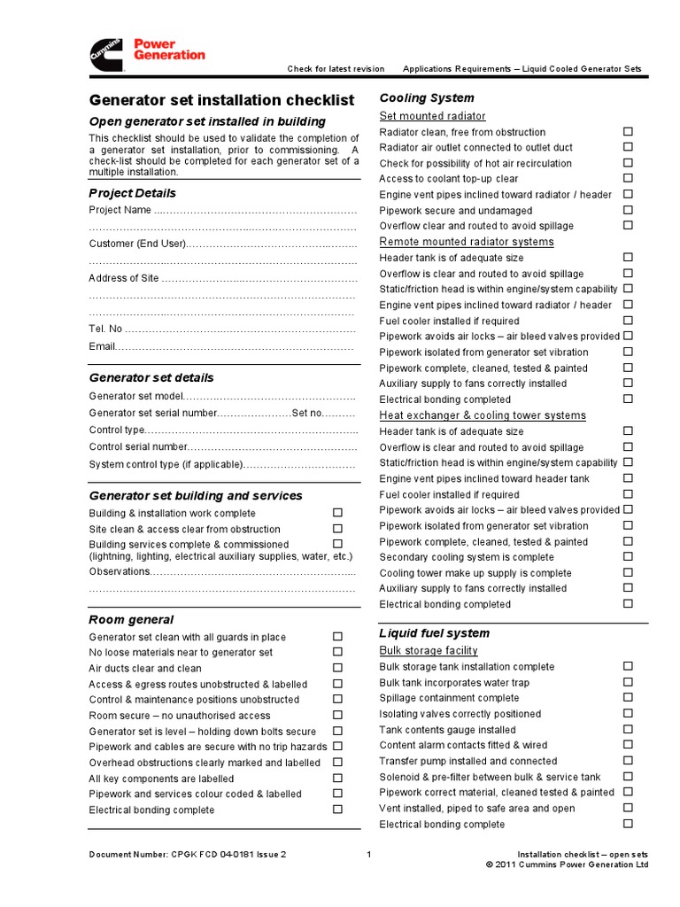 CPGK FCD 04-0181 Installation Checklist | PDF
