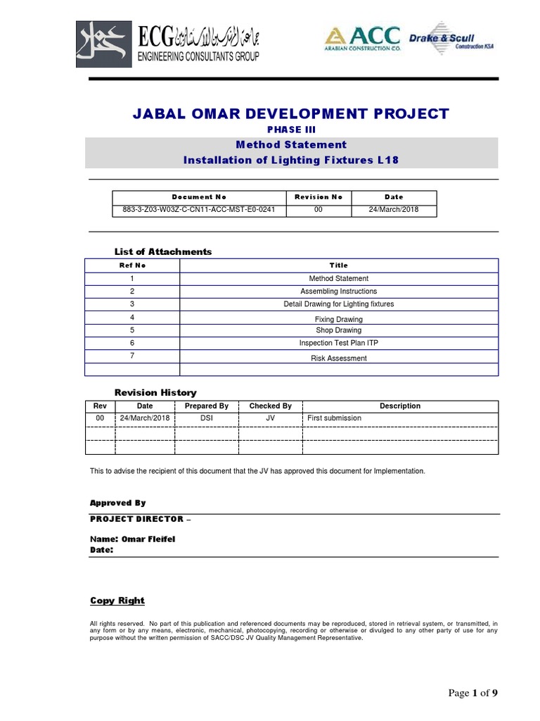 Method Statement For Installation of Lighting Fixtures L18 | PDF