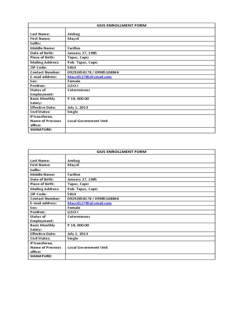 Gsis Enrollment Form | PDF