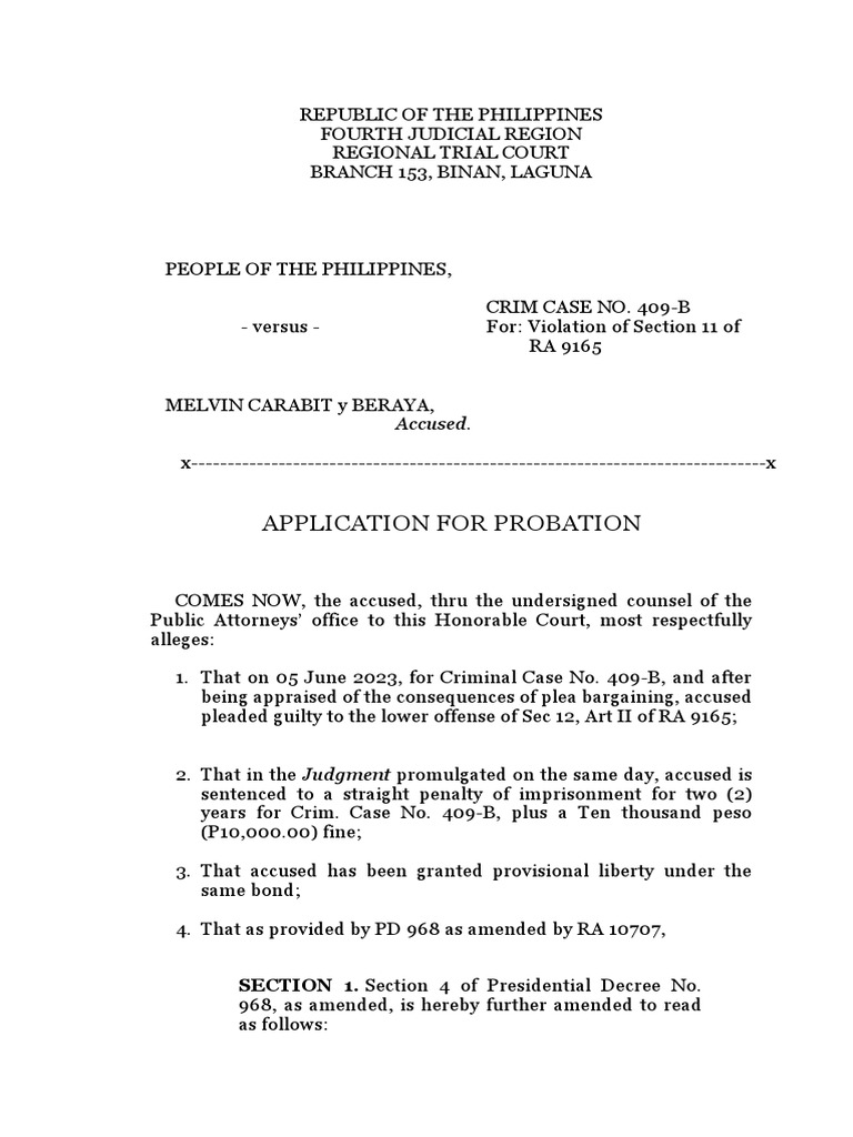 Application For Probation - Binan - 11,12 - Melvin Carabit | PDF ...
