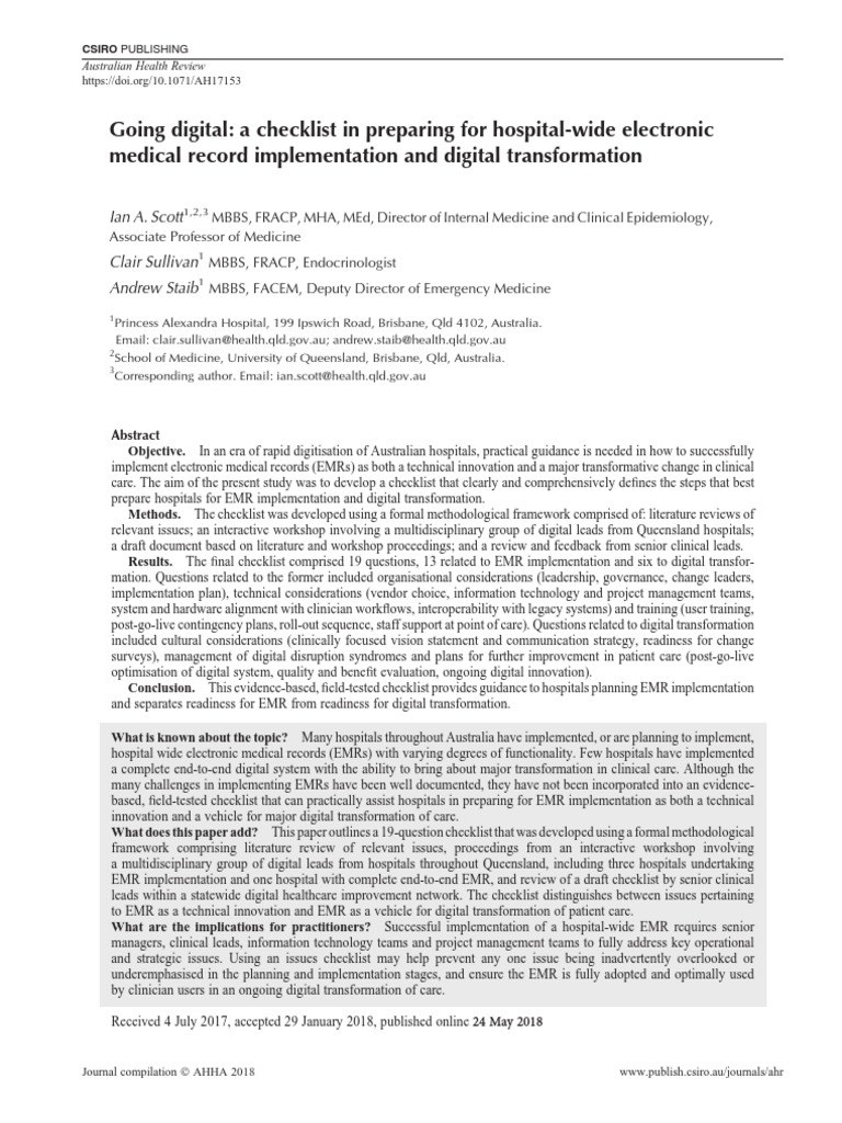 EMR Implementation Checklist for Hospitals | PDF | Electronic Health ...