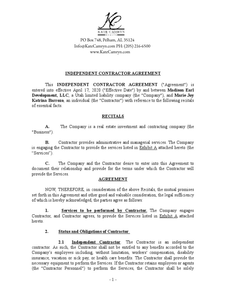 Sample Independent Contractor Agreement | PDF