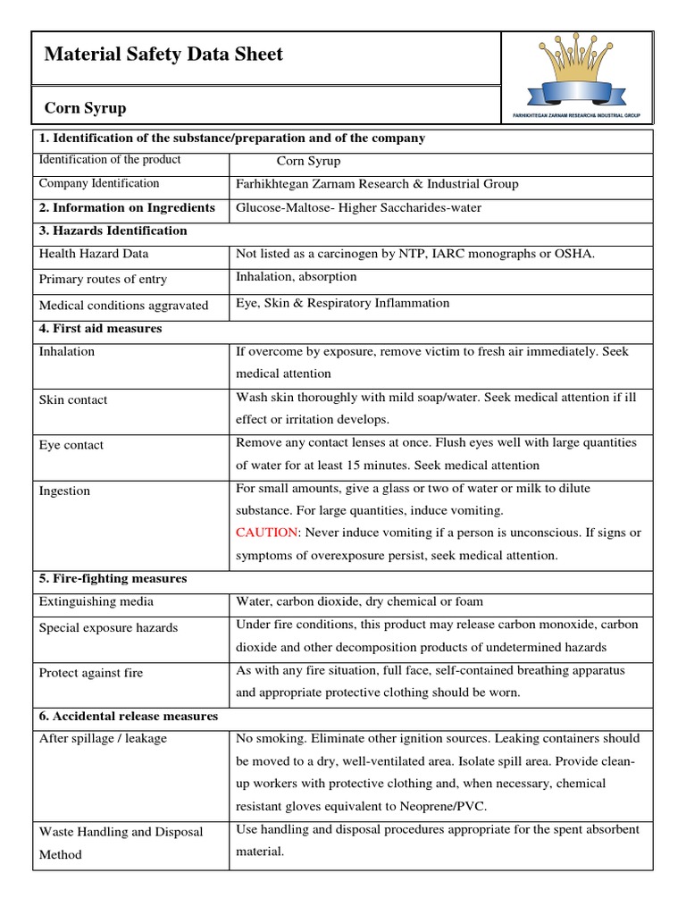 MSDS Corn Syrup DE42 | PDF | Waste Management | Personal Protective ...