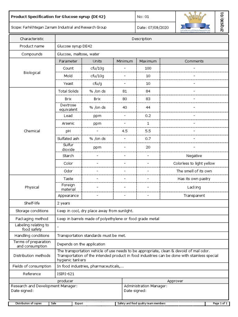 Glucose Syrup (DE42) | PDF | Glucose | Odor
