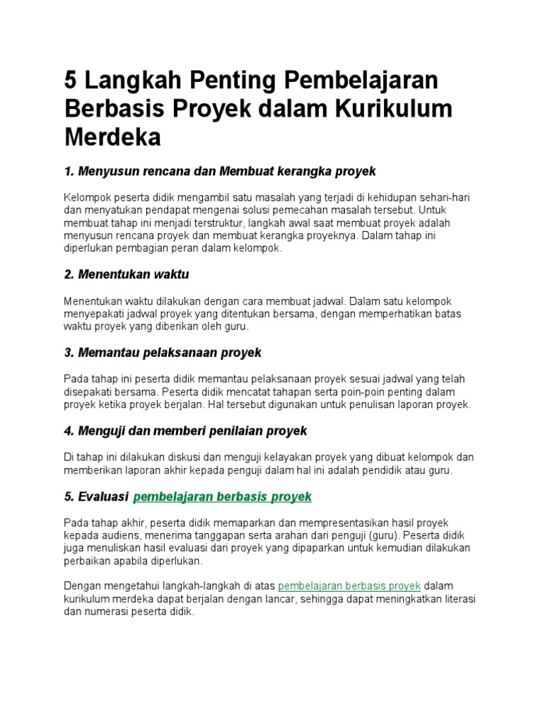 5 Langkah Pembelajaran Berbasis Proyek Dalam Kurikulum Merdeka | PDF