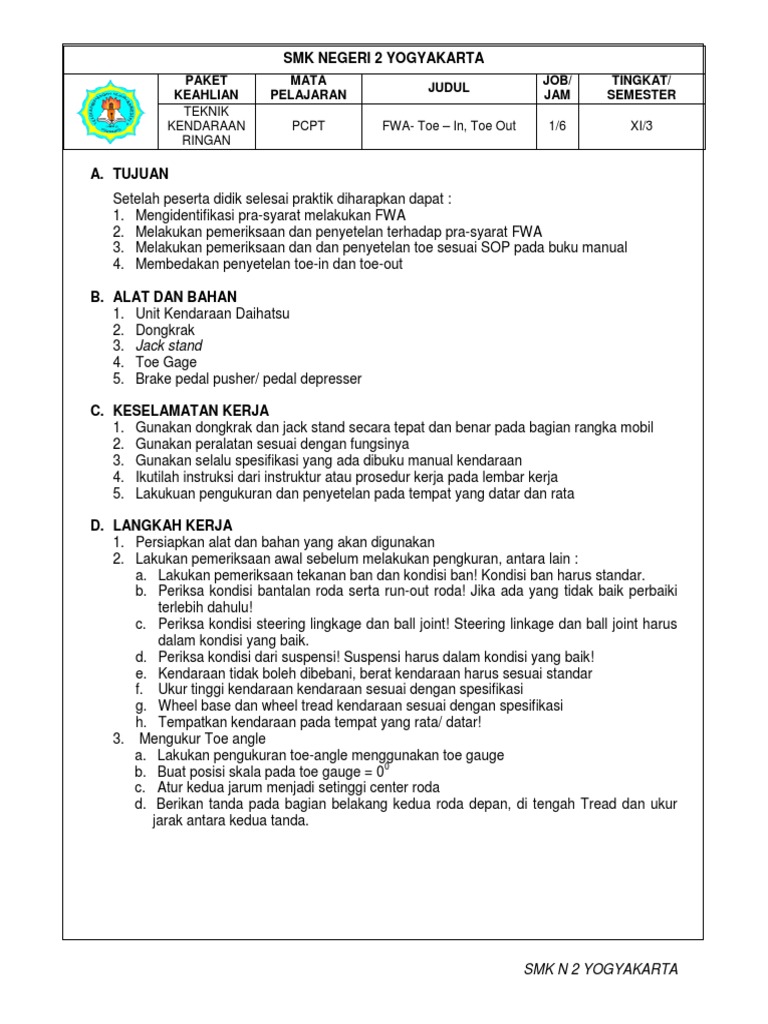 Jobsheet 1 FWA Toe in Toe Out | PDF