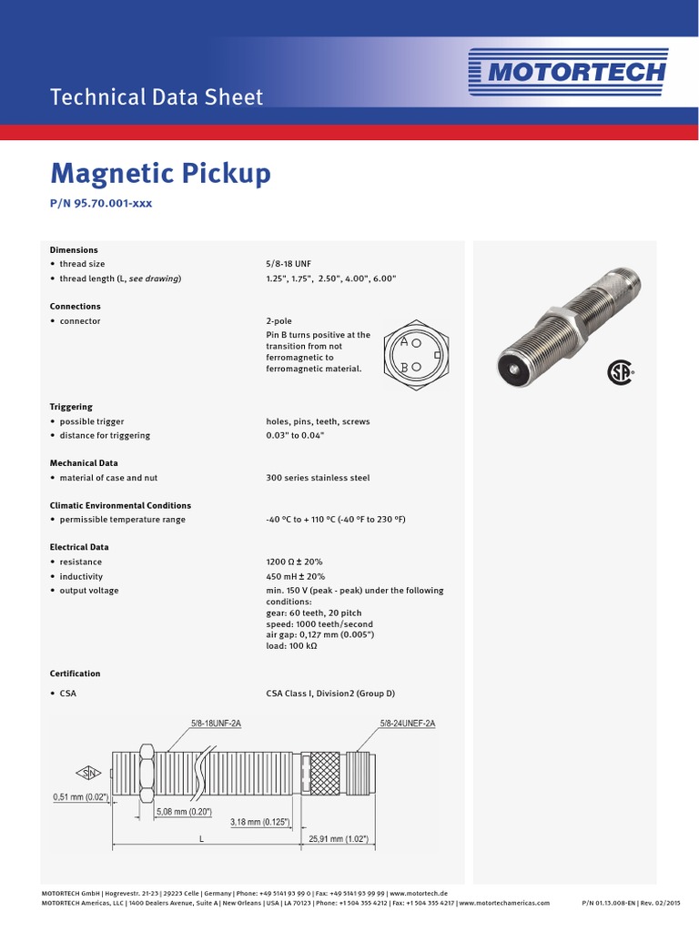 MOTORTECH Technical Data Sheet Magnetic Pickup 95.70.001 L 01.13.008 EN ...
