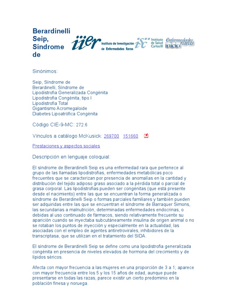 Sindrome de Berardinelli Seip | PDF | Tejido adiposo | Resistencia a la ...