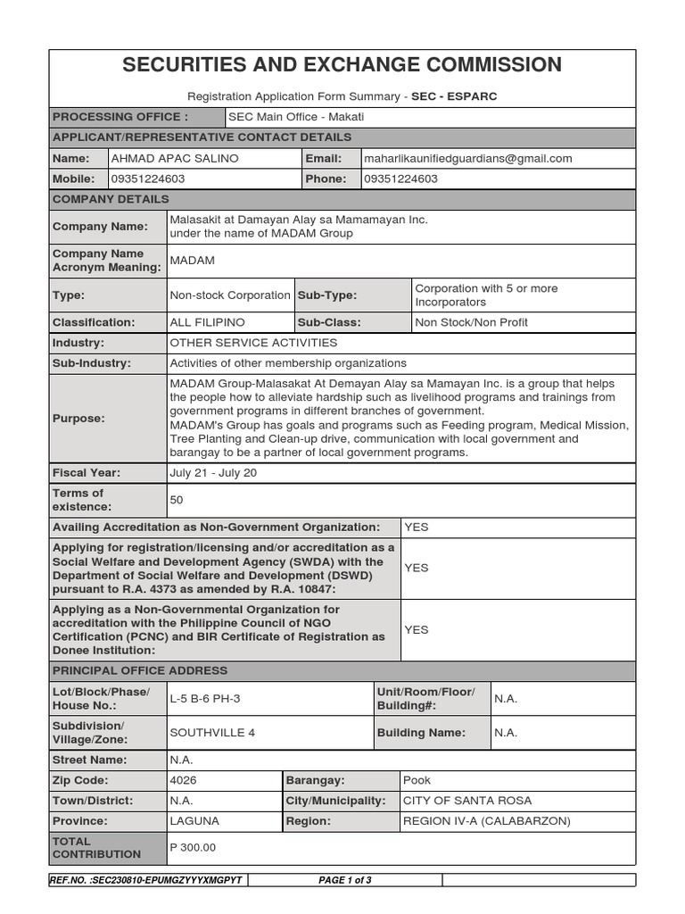 SEC Registration Summary for MADAM Group | PDF
