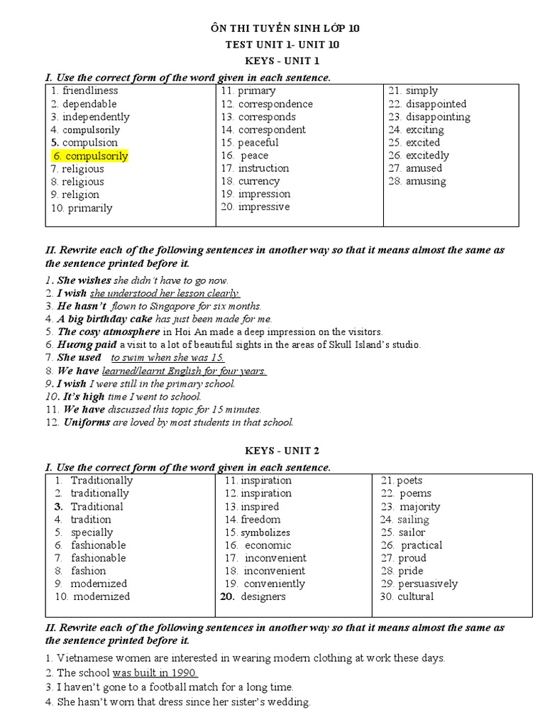 2-TS 10 Form Form - Viet Cau Uni 1-Unit 10-Đáp Án | PDF