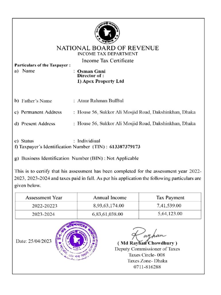Tax Cert of Osman Goni | PDF