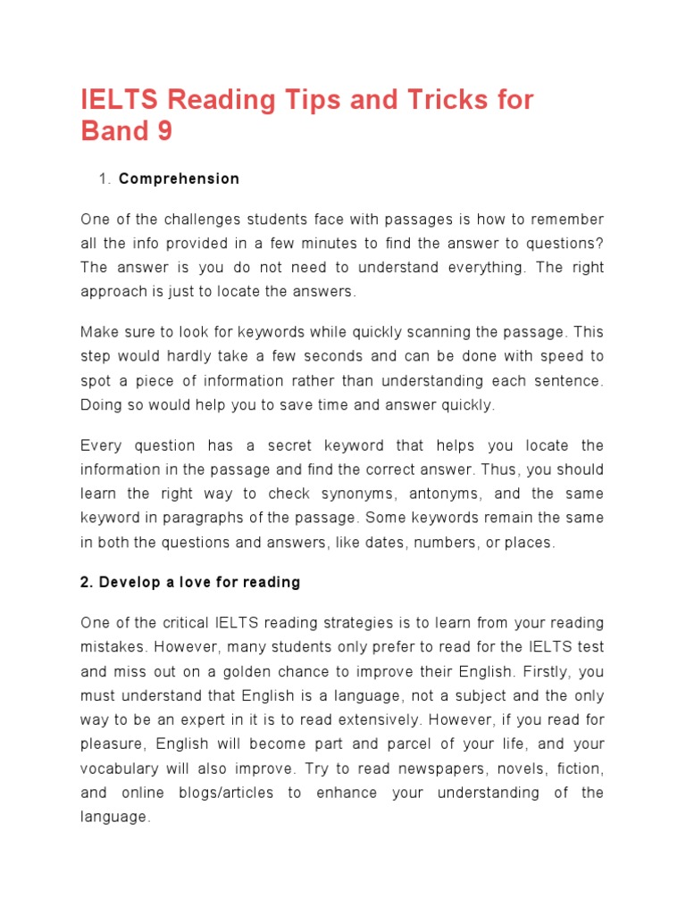 IELTS Reading Tips and Tricks For Band 9 | PDF