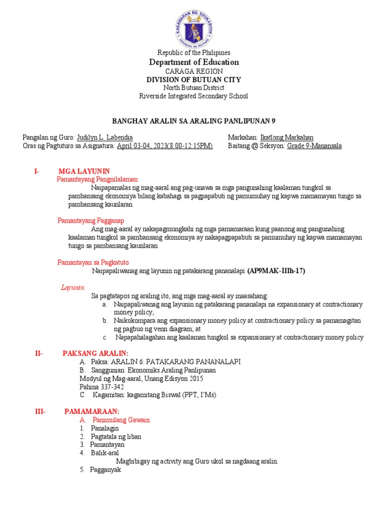 Banghay Aralin Sa Araling Panlipunan 9 | PDF