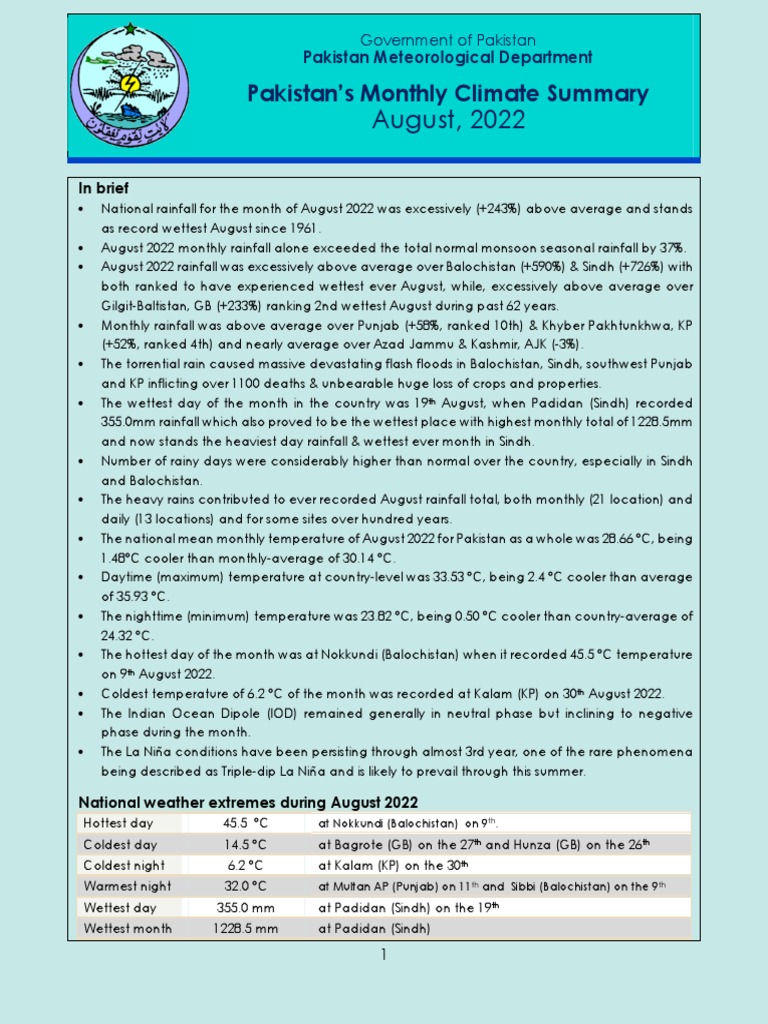 Pakistan Monthly Climate Summary August 2022 | PDF | Meteorology ... Pakistan Monthly Climate Summary August 2022 | PDF | Meteorology ...