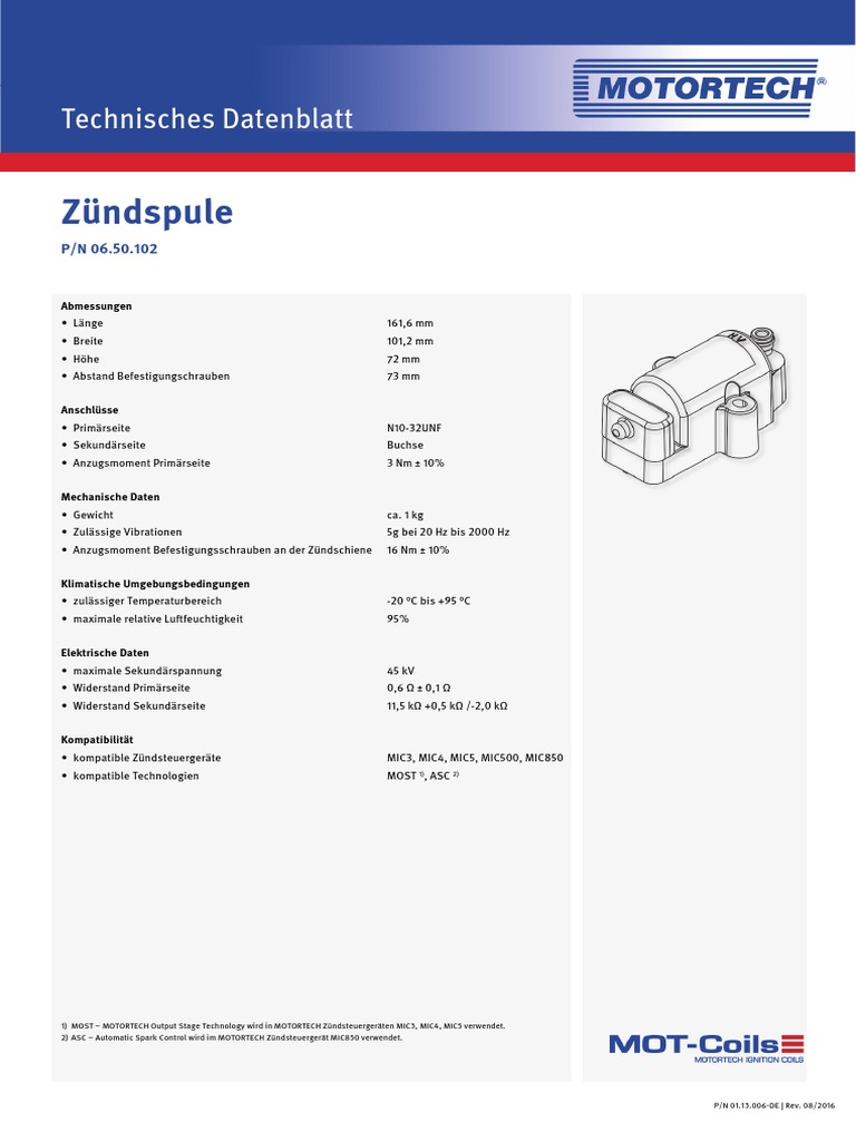 MOTORTECH Technical Data Sheet Ignition Coil 06.50.102 01.13.006 DE 2016 08 | PDF