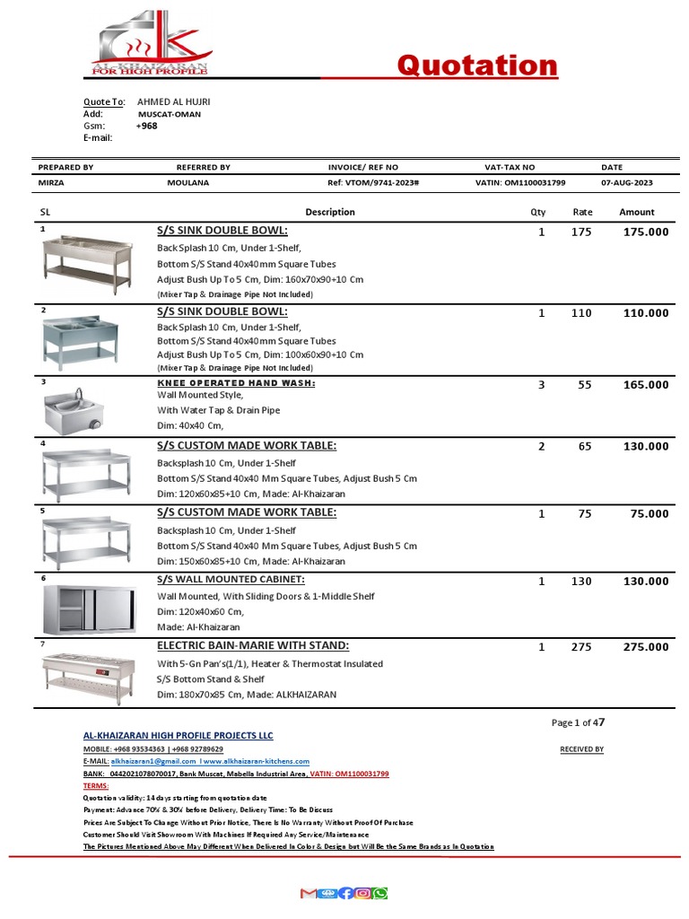 Kitchen Equipment Quotation Oman | PDF | Refrigerator | Manufactured Goods