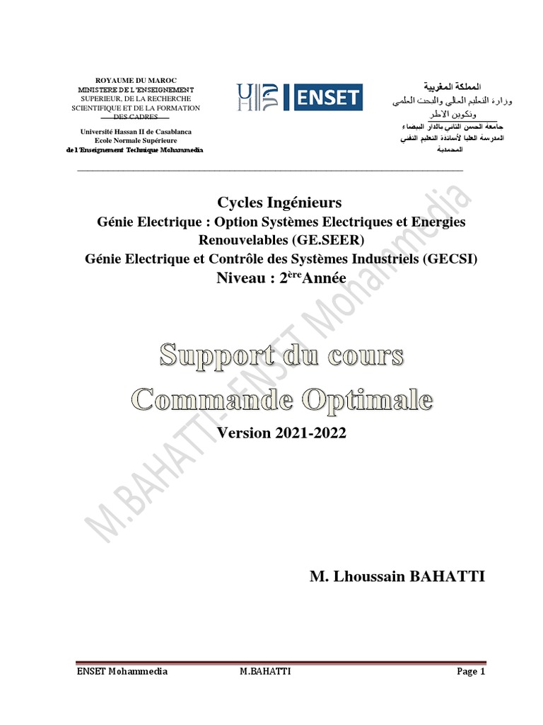 Support de Cours - Commande Optimale - Version 2021 - 2022 | PDF