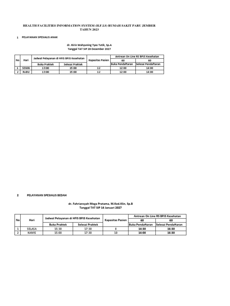 Jadwal Pelayanan Hfis Bpjs Kesehatan RSPJ 2023 | PDF