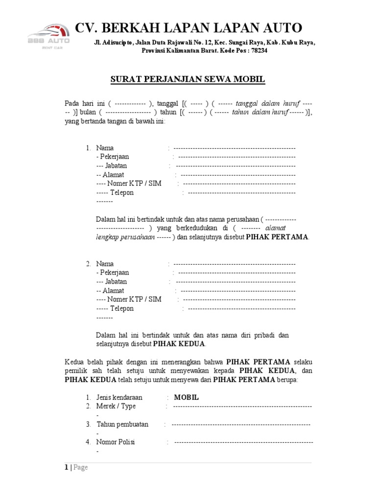 Surat Perjanjian Sewa Mobil | PDF
