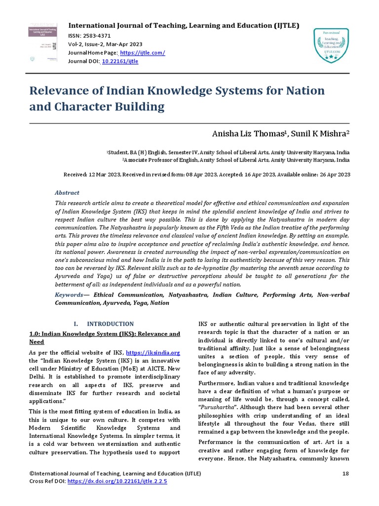 Relevance of Indian Knowledge Systems for Nation and Character Building ...