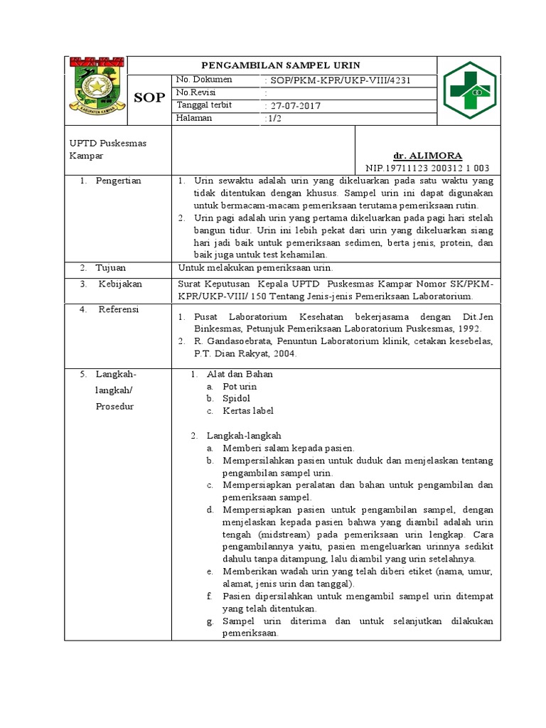 Sop Pengambilan Sampel Urin | PDF