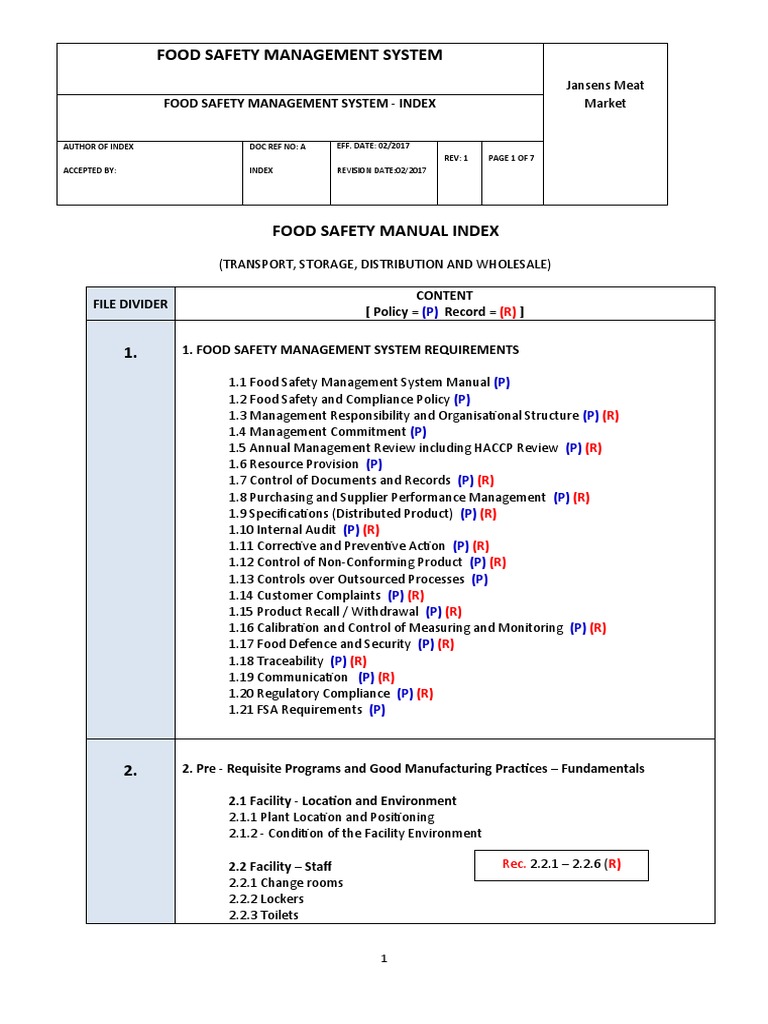 1 Food Safety Manual Index A | PDF