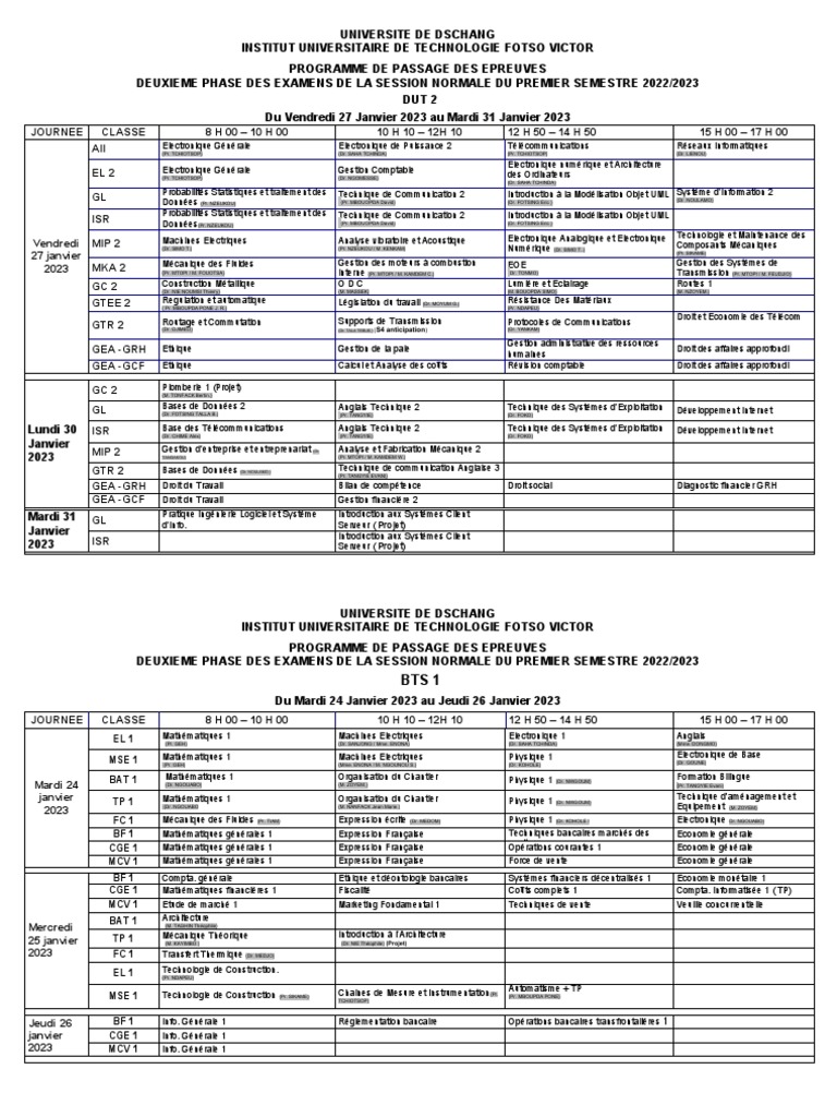 PROGRAMME Version1 DE PASSAGE DES EPREUVES DE LA DEUXIEME PHASE DES EXAMENS DU PREMIER SEMESTRE ...