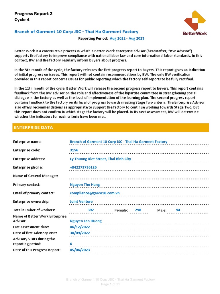 Progress - Report - Branch of Garment 10 Corp JSC - Thai Ha Garment ...