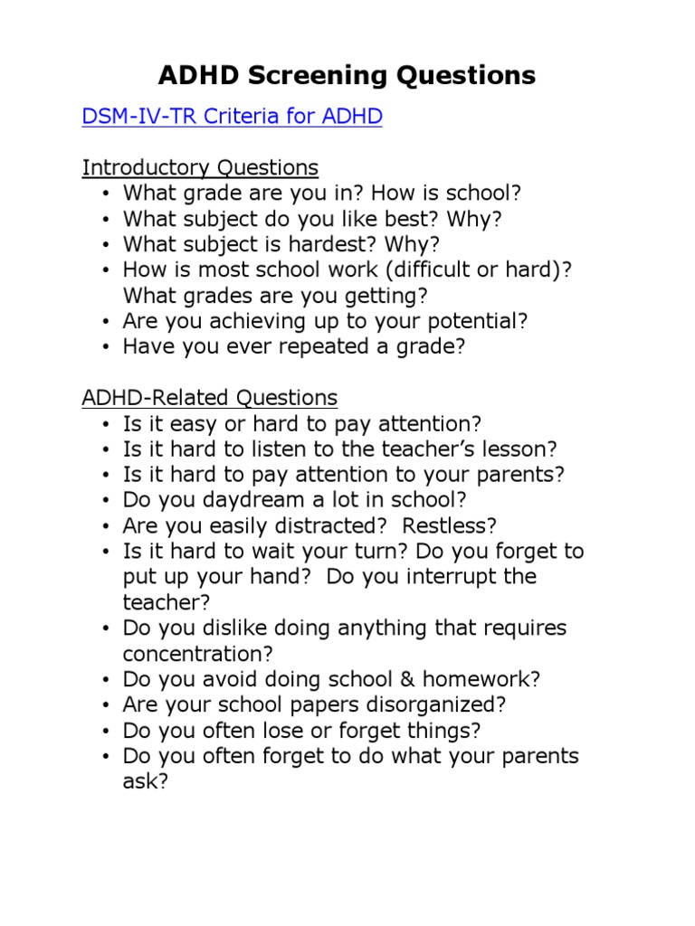 ADHD Screening Questionnaire for Kids | PDF | Career & Growth | Self ...