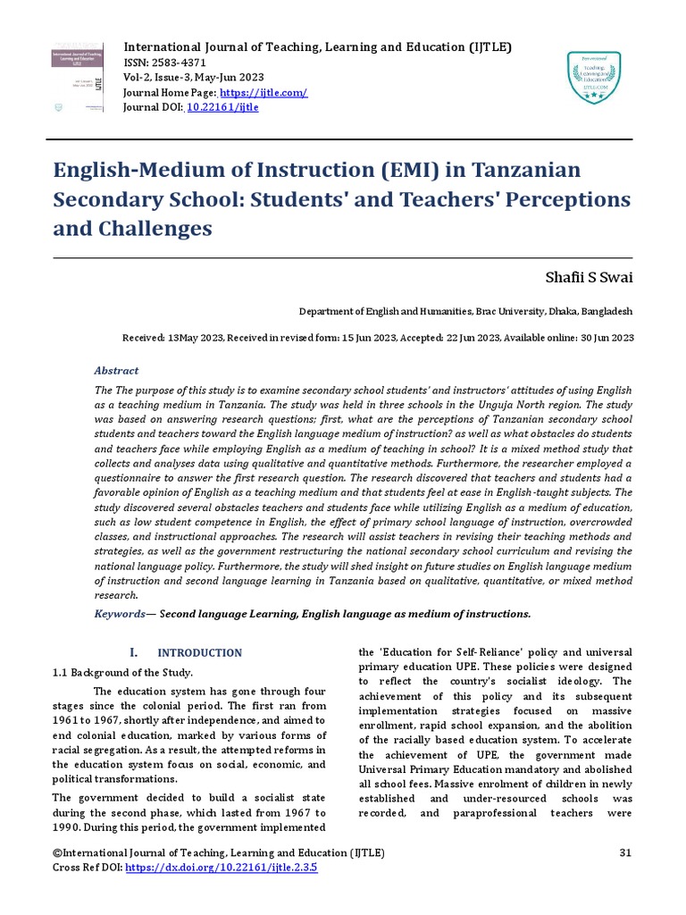 English-Medium of Instruction (EMI) in Tanzanian Secondary School ...