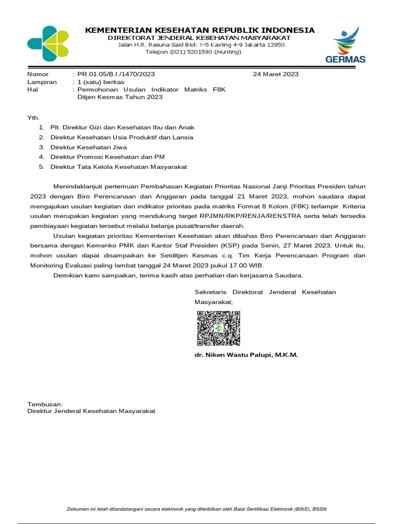 Permohonan Usulan Indikator Matriks F8K Tahun 2023 | PDF