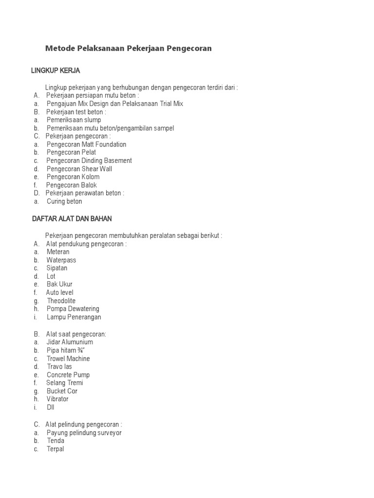 Metode Pelaksanaan Pekerjaan Pengecoran | PDF