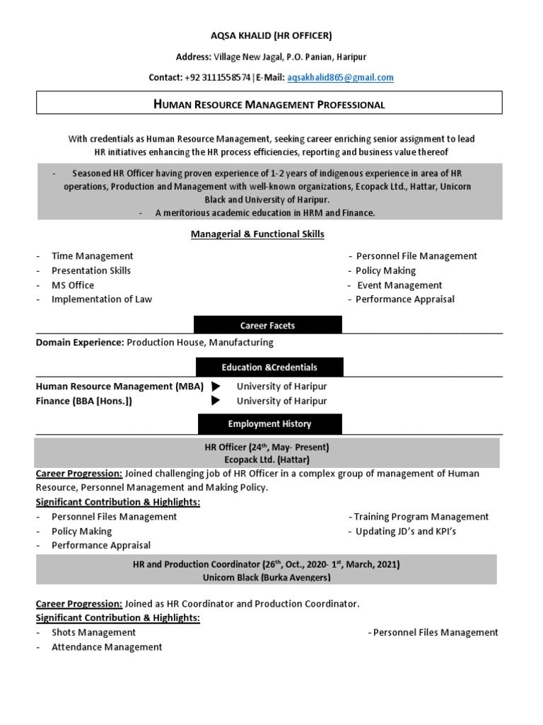 Aqsa Khalid CV | Download Free PDF | Human Resource Management | Labor