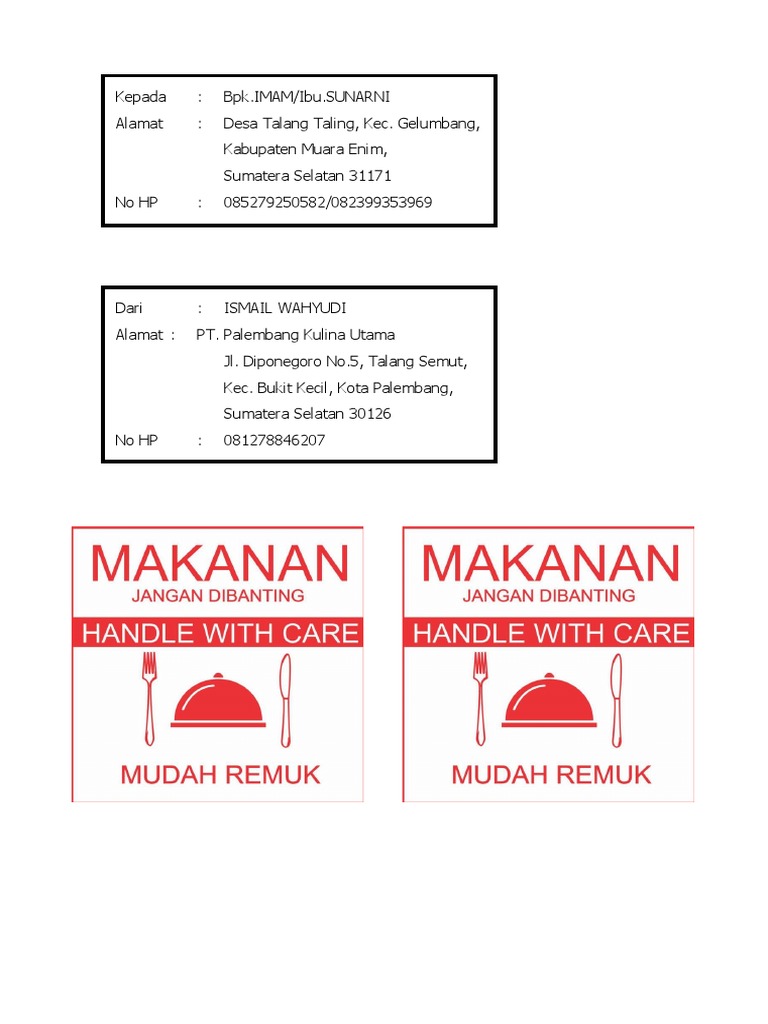 Formulir Pengiriman Paket PT Palembang | PDF