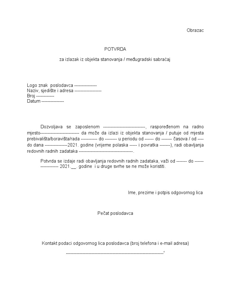 Potvrda o Kretanju | PDF