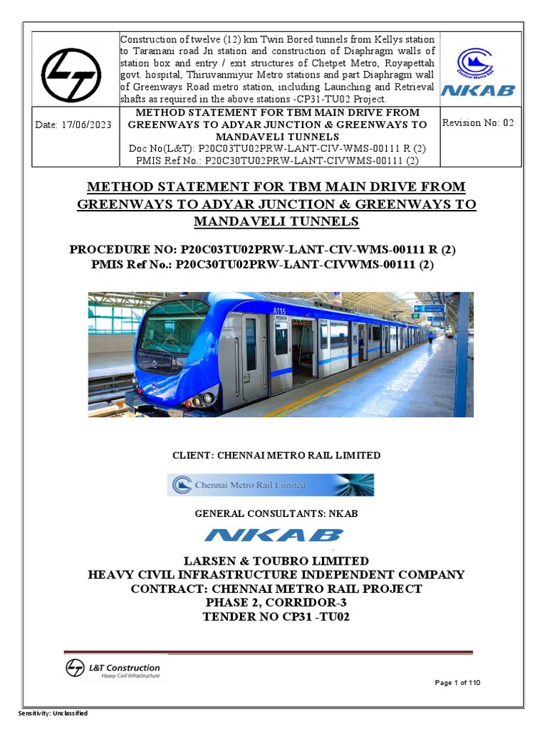 Method Statement For TBM Main Drive From Greenways To Adyar Junction ...
