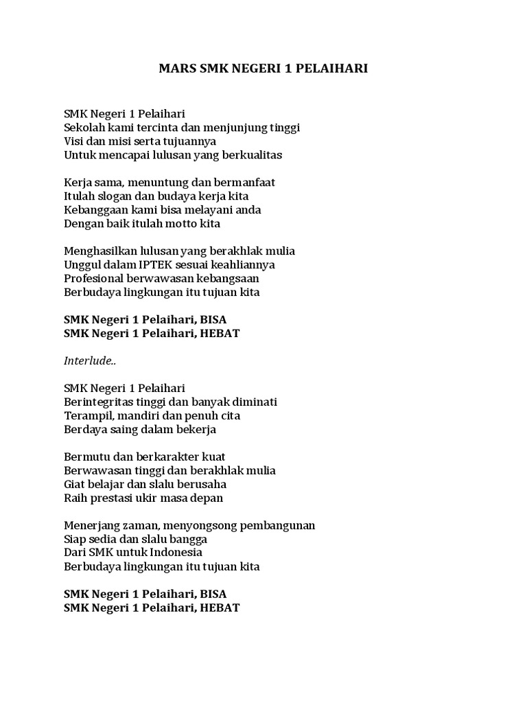 Lirik - Mars SMK Negeri 1 Pelaihari | PDF | Karier & Perkembangan