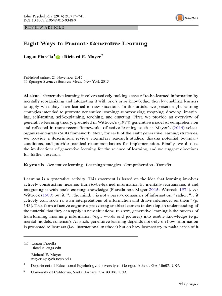 Eight Ways To Promote Generative Learning | PDF Eight Ways To Promote Generative Learning | PDF