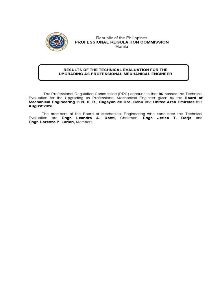 Results of The Technical Evaluation For The Upgrading As Professional ...