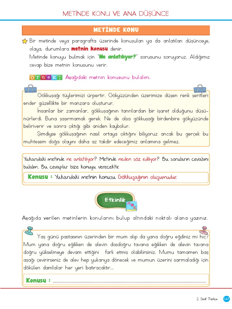 Sınıf Türkçe Metin Konu Ve Ana Fikir | PDF